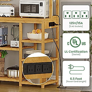 FORABAMB Bakers Rack with Power Outlets, 8-Tier Microwave Stand, Kitchen Utility Storage Shelf 10 S-Shaped Hooks, Coffee Bar Table Station, Standing Rack, 31.5 x 15.7 x 65 Inches, Bamboo