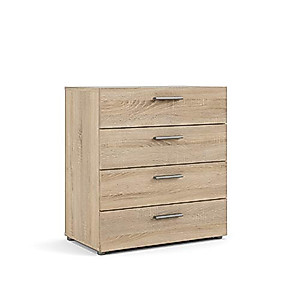 Tvilum Bedrooms, Living Areas, or Entryways, Silver Handles, Steel Brackets at Bottom 4 Drawer Chest, 15,85 in D x 26,81 in H x 31,57 in W, Oak