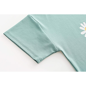 Vopmocld Big Girls' 2-Piece Cotton Pajamas Cute Cat Panda Sleepwear Short Sleeve Long Pants Nighty Sets, Floral-Green, 12