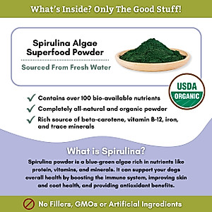 Wholistic Pet Organics Spirulina Powder Organic for Dogs Super Greens Powder Seasonal Allergy Support Supplement Dog Multivitamin USDA Certified Immune Support Vitamins Antioxidants and Minerals