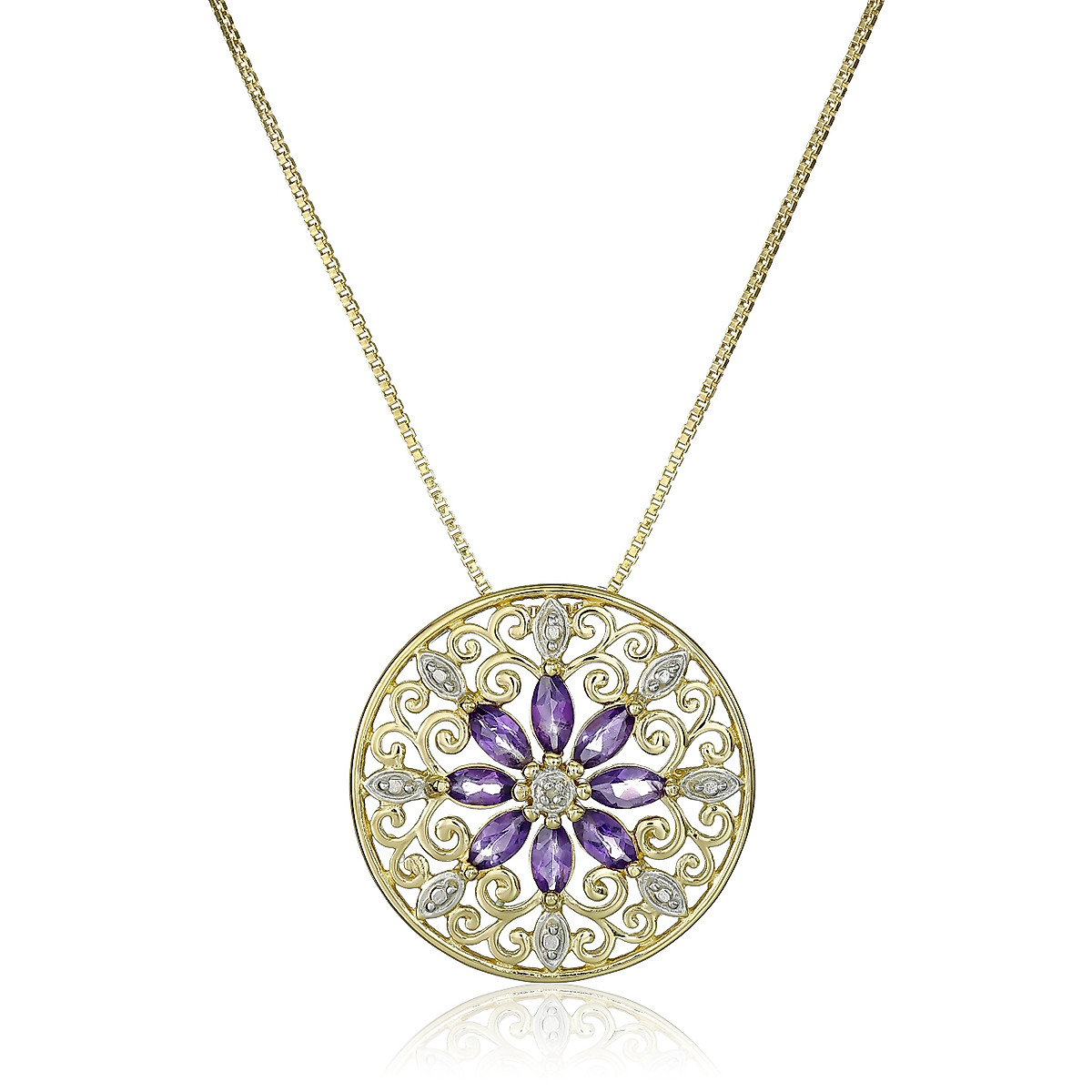 Amazon Essentials 18k women Yellow Gold Plated Sterling Silver Genuine Amethyst and Diamond Accent Filigree Mandala Pendant Necklace, 18" (previously Amazon Collection)