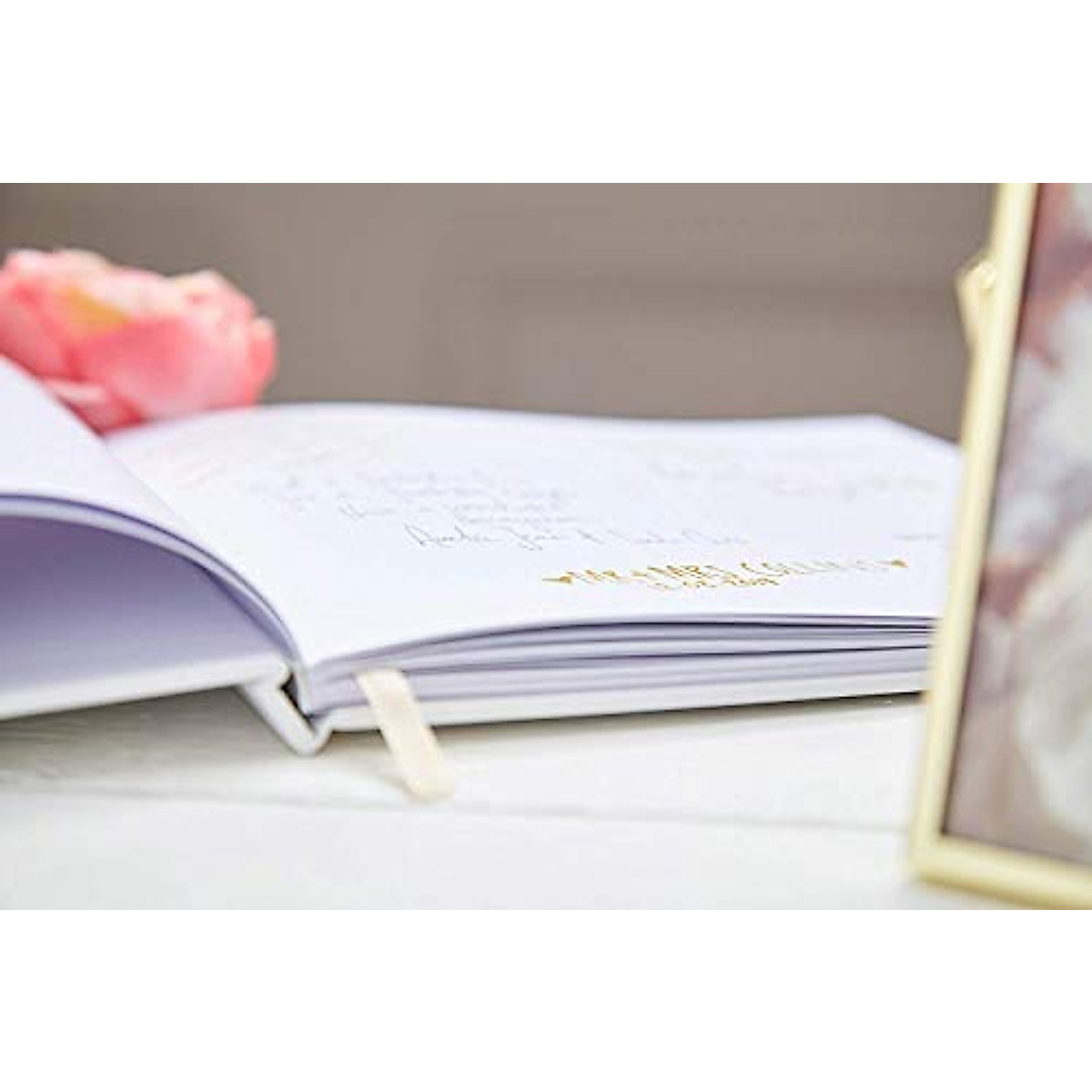 Wedding Guest Book Silver Guestbook - Blank NO Lines - Memory Signature Message Book - Birthday Engagement Party - White Paper Ribbon & Foil Stamping - Thick Paper 32 Page/64 Side Square
