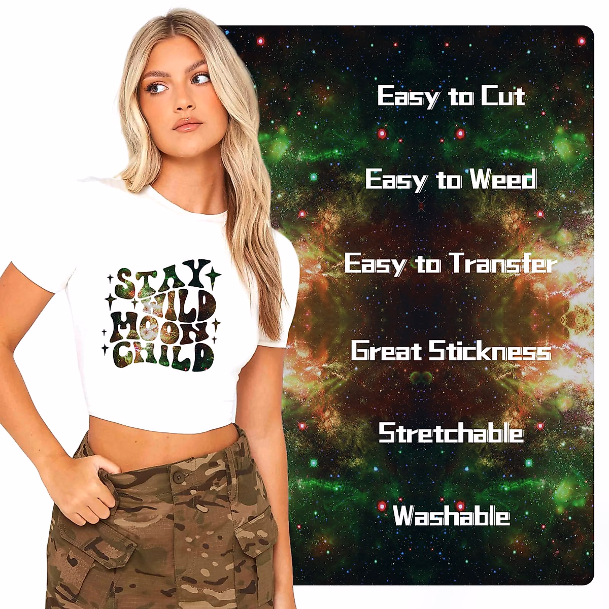 HTVRONT Galaxy Heat Transfer Vinyl - 7 Pack 12x10in Starry Sky Iron on Vinyl for t Shirts, Space Pattern Galaxy HTV Vinyl with 1 Pack Teflon Sheet, DIY Crafts