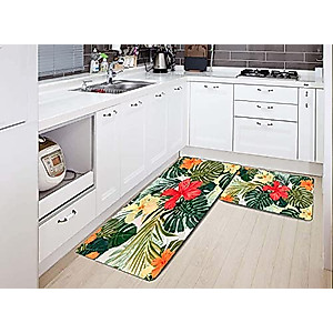 Gesmatic 2 Piece Non Slip Kitchen Mat Non-Slip Summer Colorful Hawaiian Tropical Plants and Hibiscus Flowers 17"X48" 17"X24" for Kitchen Floor Sink Laundry Hallway Dinning Room Office