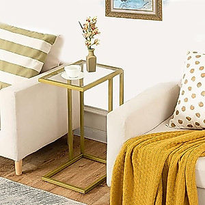 Easy Paws C Shaped Glass End Table, Small Gold Sofa Side Table, Narrow Snack Side Table with Metal Frame &Tempered Glass, TV Tray Table for Small Space, Easy Assembly,Gold