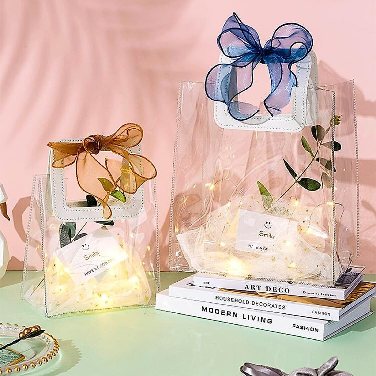 Clear Gift Bag with Handle, 4 Pcs Transparent PVC Gift Bag, Heavy Duty Reusable Gift Wrap Bags for Bridal Party, Baby Shower, Wedding Favor, Shopping Bag Bulk- 7"x4" x8"