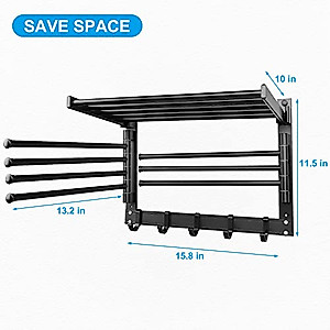 Laundry Clothes Drying Rack, Foldable Wall Mounted Drying Rack, Swivel Towel Rack with 5 Coat Hooks & 7 Swing Arms, Space Aluminum Drying Rack for Laundry Room Organization and Bathroom (Silver 7rods)