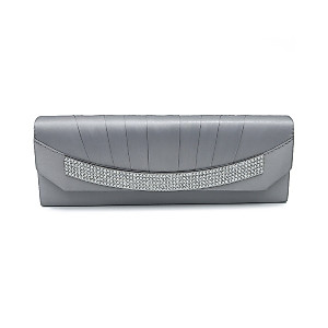 TrendsBlue Elegant Pleated Satin Flap Rhinestones Clutch Evening Bag, Grey