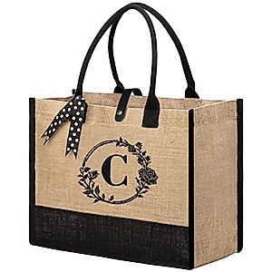 BeeGreen Personalized Tote Bag for Women w Magnetic Buckle Birthday Gifts w Bottom Support Initail Jute Tote Bag w Inner Zipper Pocket Embroidery Monogram Tote Bag for Women Mom Mother C