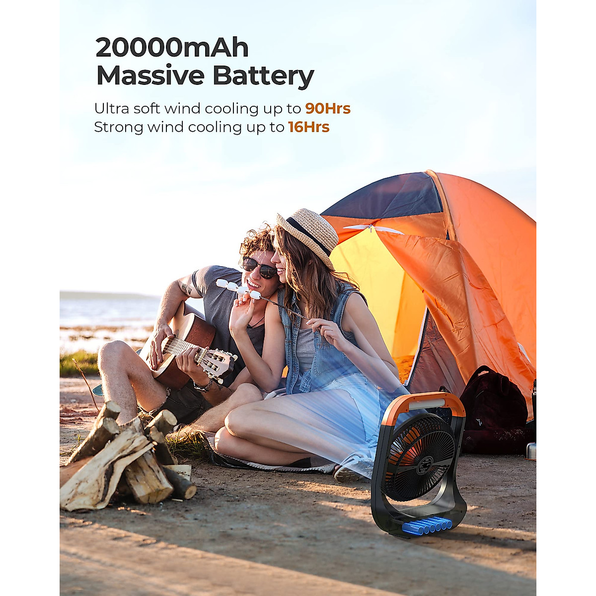 20000mAh Camping Fan with LED Lantern, 8 Inch Portable Tent Fan with 4 Speeds, Rechargeable Battery Fan for Fishing, Outdoor, Hurricane