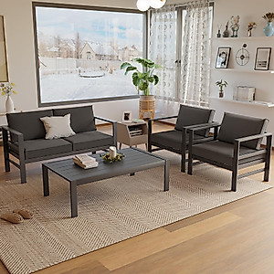 FYRICKYLINOO 4 Piece Cast Aluminum Outdoor Patio Furniture Set, All-Weather 4 PCS Modern Aluminum Outdoor Conversation Sets Metal Patio Sectional Chat Sofa with Coffee Table, Dark Gray