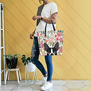 Flowers Boston Terrier Travel Double-sided Reusable Grocery Shopping Gym Tote Bag Portable Storage HandBag - Cute Dog Paw Prints