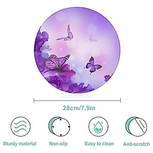 Bagea-Ka Butterfly on Purple Flowers Pattern Tempered Glass Cutting Board 8" Round Kitchen Decorative Chopping Board Small