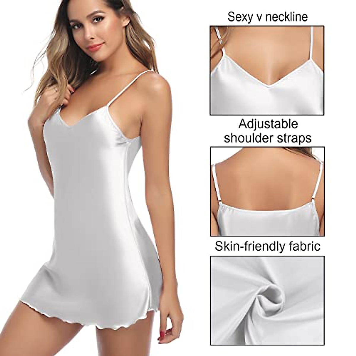 Litherday Women's Satin Nightgown Silk Slip Sleepwear Sexy V Neck Negligee Lingerie Short Nightwear Mini Dress White X-Large