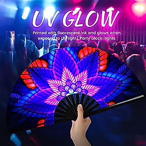 SYNTECSO Folding Hand Fan for Rave, UV Glow Fan, Large Bamboo Fan for Drag Queene, Women and Men Gift，Chinese Japanese Clack Fan for Parties, Music Festivals, EDM and Decoration