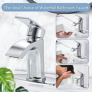 Solepearl Waterfall Bathroom Faucet Chrome, Modern Single Handle Single Hole Bathroom Sink Faucet Flat Spout, 1 or 3 Holes Lavatory Basin Vanity Commercial Solid Brass Faucet with Deck Plate