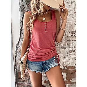 SweatyRocks Women's Scoop Neck Half Button Tank Top Casual Sleeveless Drawstring Tie Side Tops Rusty Rose S