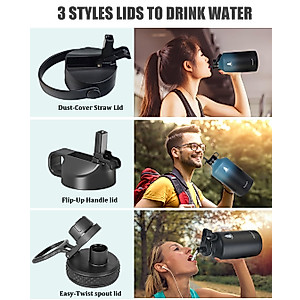 Half Gallon Insulated Water Jug - Insulated Stainless Steel Water Bottle, Straw & Chug Lid, 64oz Stainless Steel Large Water Bottle, Keep Hot 12H & Cold 48 for Travel Hiking Camping Work