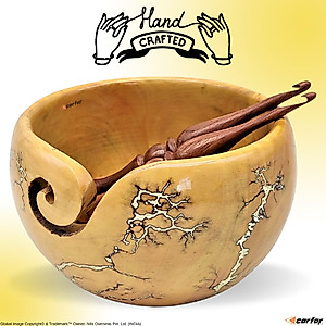 Carfar Knitting Yarn Bowl & Crochet Hooks Set Handmade Wooden Texture Yarn Holder Bowl for Crocheting and Knitting