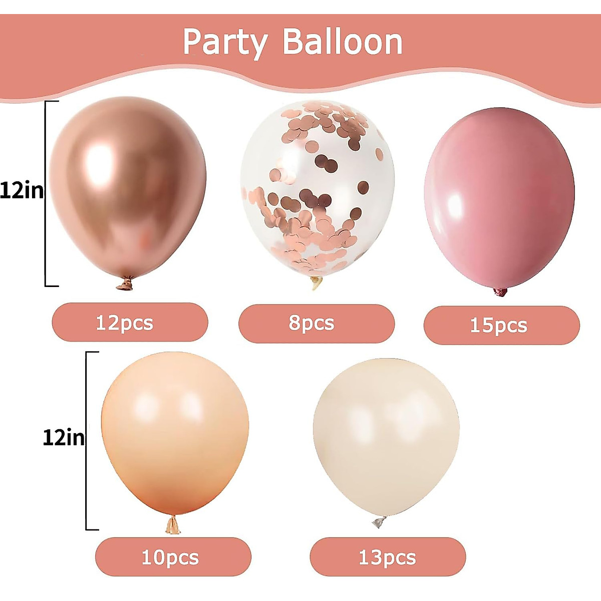 Blush Dusty Pink Balloons, 60Pcs Retro Pink Rose Gold Balloon, 12Inch Metallic Confetti Rose Gold Cream Nude Balloon for Girls Birthday Bridal Baby Shower Wedding Boho Party Decoration