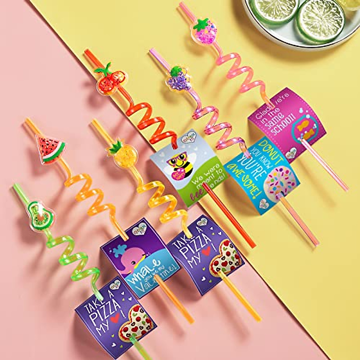 24 Glitter Fruit Party Supplies Drinking Straws Peach Grape Pineapple Cherry Watermelon Avocado Shape Design for Tutti Frutti Birthday Tropical Party Favors with 2 Straws Cleaning Brush