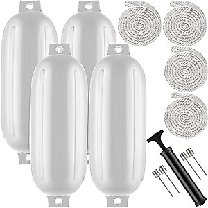 VOYOCHT 8.5 x 27 Inches Twin Eyes Ribbed Boat Fenders 4 Pack Boat Fenders Bumpers with Lines and Pump to Inflate for Docking (White)