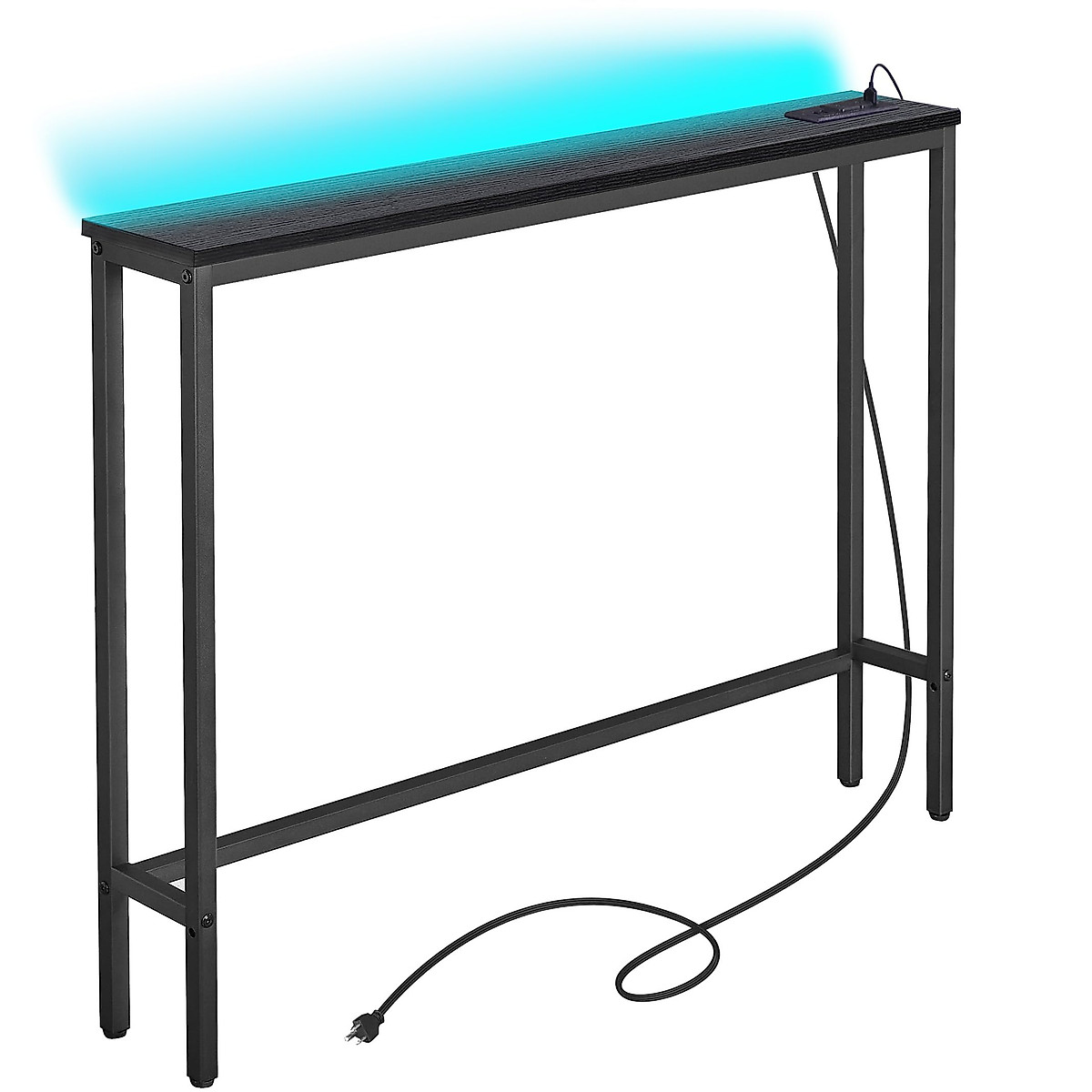 ELYKEN 5.9" Narrow Console Sofa Table with 7 Colors LED Light Strip, 5.9" Dx39.4”Wx31.1”H Long Behind Couch Table with Power Outlet&USB Port, Skinny Table Metal Frame 6.5’ Power Cord