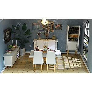 iLAND Dollhouse Furniture on 1/12 Scale of Dining-Room, Wooden Doll House Furniture Miniature of Table Chair & Cabinet (Modern Miniature Furniture 8pcs)