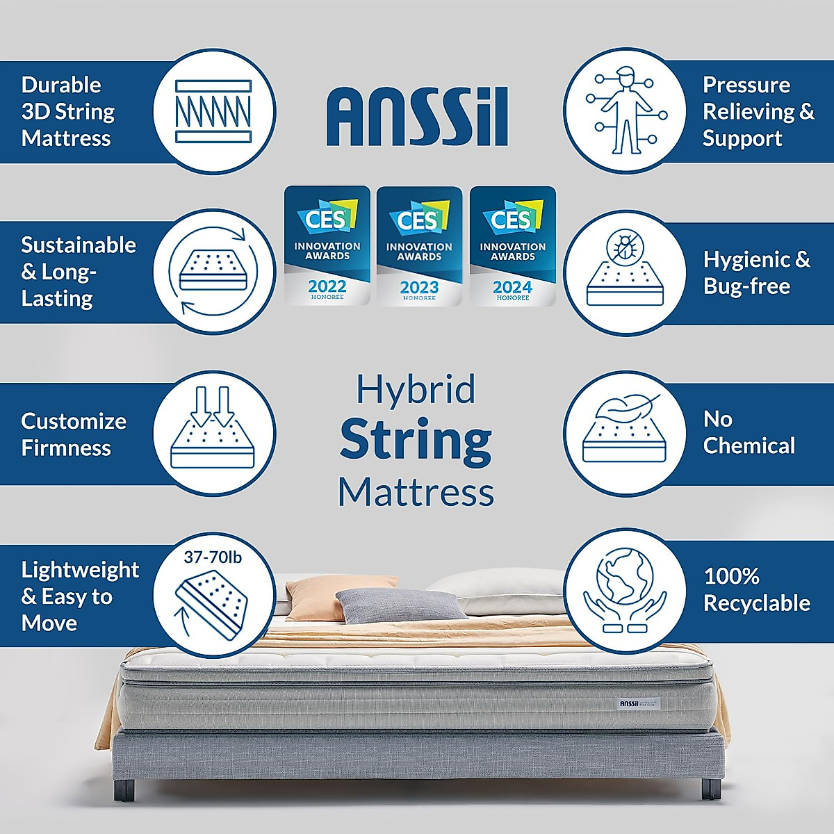 ANSSIL String Mattress Queen Size - Extra Firm Mattress with No Spring and 3D String Technology - Included Controller for Customizable Firmness - Hygienic and Lasting, No Chemical, 11” Bed Height