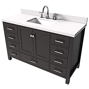 ARIEL Bathroom Vanity 55" Inch in Espresso with Pure White Quartz Countertop, Rectangular Sink, 2 Soft Closing Doors and 9 Full Extension Dovetail Drawers, No Mirror