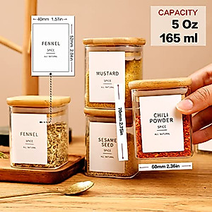 12 Pcs Square Glass Spice Jars with Natural Bamboo Lids - 5oz Airtight Herb Containers with 148 Waterproof Minimalist Spice Labels Preprinted - Empty Small Seasoning Jars for Kitchen Pantry Organization and Storage