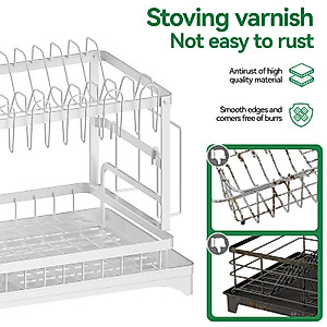 QECOUI 2 Tier Dish Drying Rack for Kitchen Counter, Dish Drainers for Kitchen Counter with Drainboard, Metal Kitchen Dish Rack with Drain, Kitchen Drying Rack Two Tier, Black Dish Racks (White)