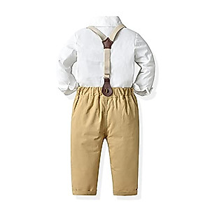 Moyikiss Studio Toddler Dress Clothes Baby Boys Gentleman Outfits White Bowtie Shirts+Suspender Pants Sets(Khaki,70/6-12 Months)