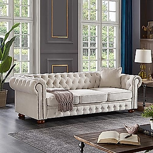 ERYE Clasic Chesterfield 3 Seaters Sofa Couch W/Luxury Roller Armrest Soild Wood Legs Linen Fabric Upholstered Button Tufted Sofa&Couch with Removable Cushions & Nailhead Decor