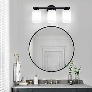 GZBEINI Black Bathroom Vanity Fixture,Farmhouse Bathroom Light FixturesOver Mirror,3 Light Modern Bathroom Lighting,Bathroom Vanity Light Fixtures Above Mirror with Milk White Glass Shade