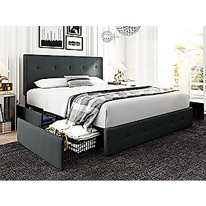 HOOMIC Queen Upholstered Platform Bed Frame with 4 Storage Drawers, Wooden Slats Support, Adjustable High Headboard with Square Stitched Button Tufted Design, No Box Spring Needed,Dark Grey