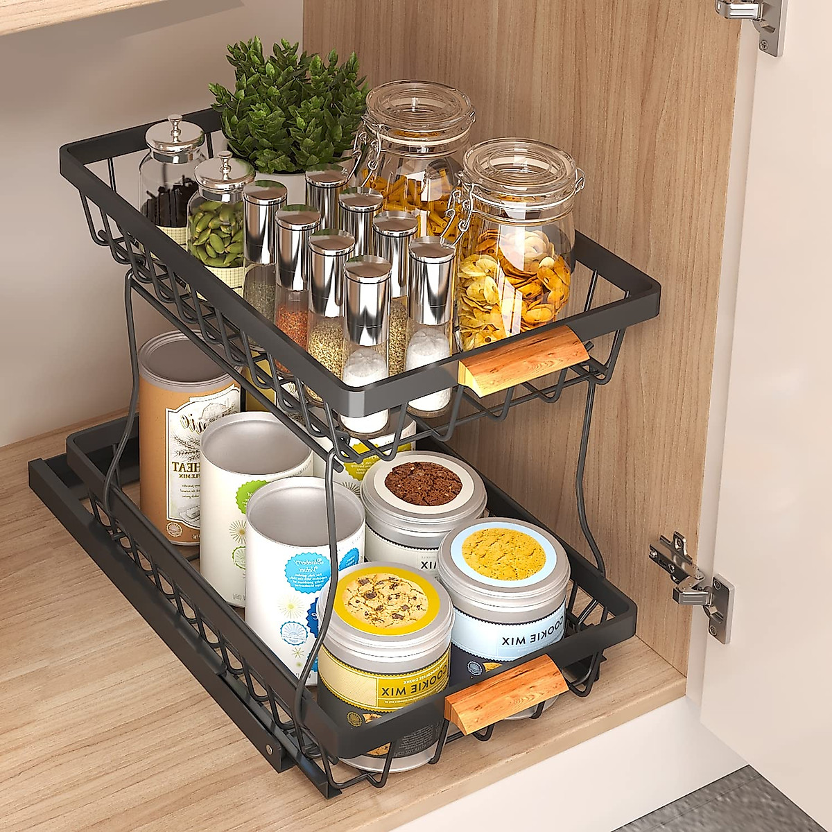 HTOH 2 Tier Under Sink Organizer with Sliding Storage Drawer, Pull Out Cabinet Organizer, Multi-purpose Slide-Out Storgae Basket with Handles for Kitchen, Bathroom