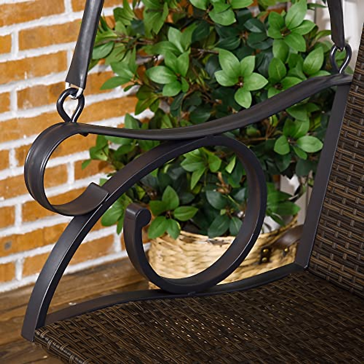Outsunny 2 Person Wicker Hanging Swing Bench, Front Porch Swing Outdoor Chair with Scrollwork Flourishes & Heart Motif, 528 lbs. Weight Capacity for Backyard, Garden, Brown
