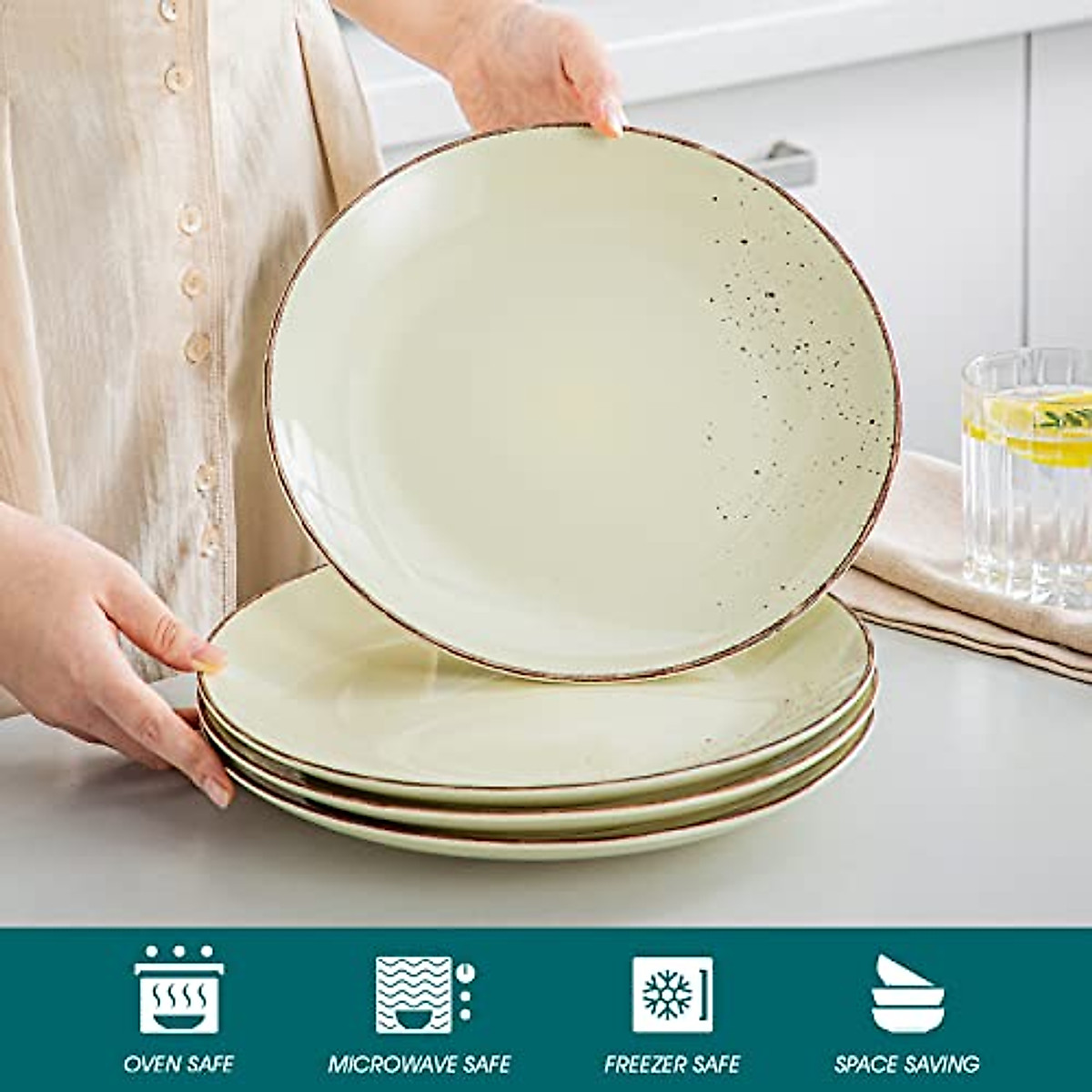 vancasso Navia Nature Dinner Plate Set of 4, Stoneware Vintage Look Cream Dinnerware Tableware, 10.5 Inch Snack/Salad/Fruit/Side Plate