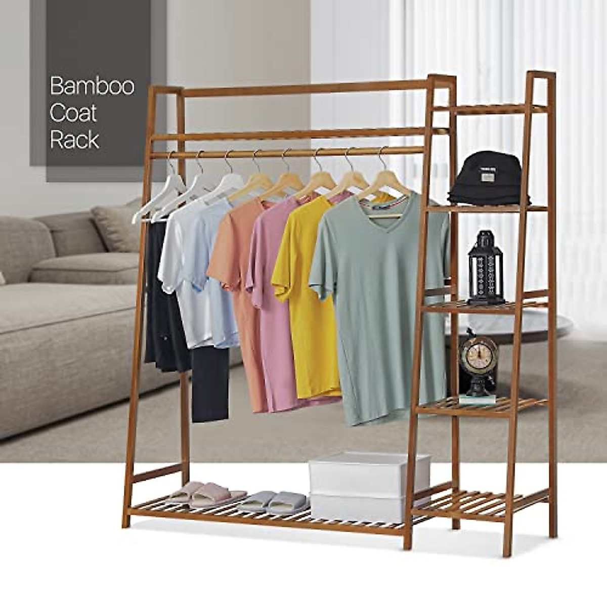 MoNiBloom Bamboo Clothing Rack with 5-Tier Storage Shelves Trapezoid Multi-Functional Clothes Rack, Clothes Hanging Rack Stand for Bedroom Living Room, Brown