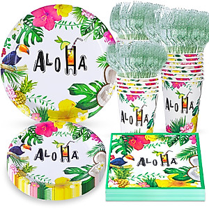 Atonofun Hawaiian Luau Party Supplies, Disposable Hawaiian Plates and Napkins Set, Aloha Party Plates and Cups, Napkins and Cutlery for Hawaiian Luau Birthday Party Decorations Serves 24
