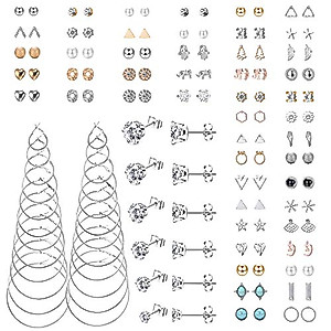 YADOCA 68 Pairs Stainless Steel Stud Earrings Set for Men Women Assorted Cute Vintage Triangle Faux Pearl Elephant Heart Turquoise Bead Clear Cubic Zirconia Stud Earrings Hoop Earrings Set