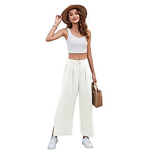 Poplab Wide Leg Petite Pants for Women Casual Flowy Elastic High Waist Capri Trousers with Pockets White, S