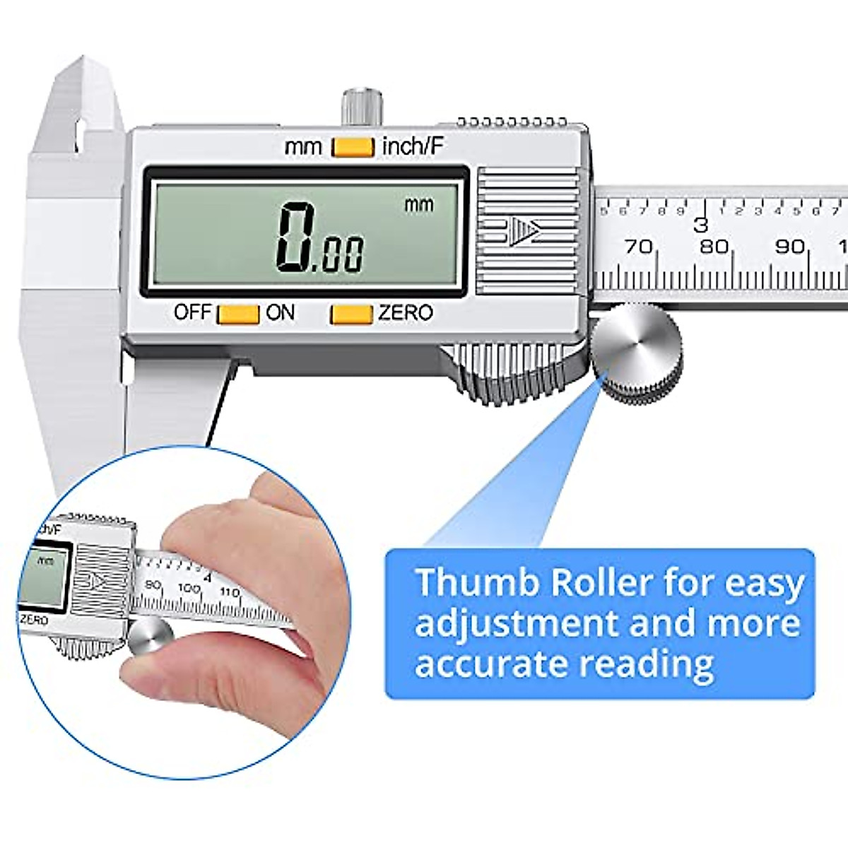 CAMWAY Digital Caliper 6Inch + Feeler Gauge Stainless Steel Electronic Vernier Caliper 150mm, Fractions/Inch/Metric Measuring Tool for Length Width Depth Inner Diameter Outer Diameter