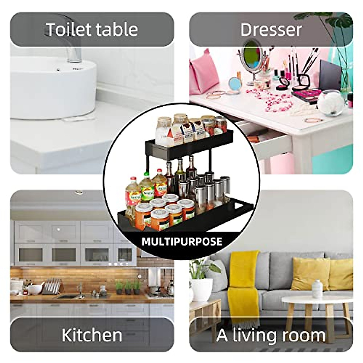 Under Sink Organizer L-Shaped, Bathroom Organizer, 2 Tier Rack Pull Out Kitchen Sliding Storage, Multi-purpose Sink Organizer Storage, with 1 Cup 4 Hooks for Home Kitchen Drawer, Black