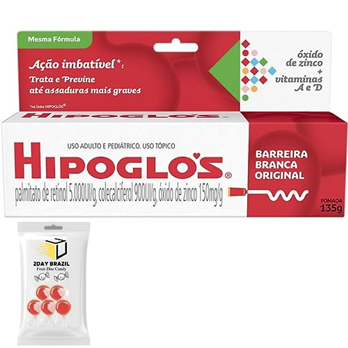 Hipoglos 4.8 Oz (135g) Baby Diaper Rash Cream and Dry Skin Protectant Bundle With 2DAY BRAZIL Fruit Disc Candy