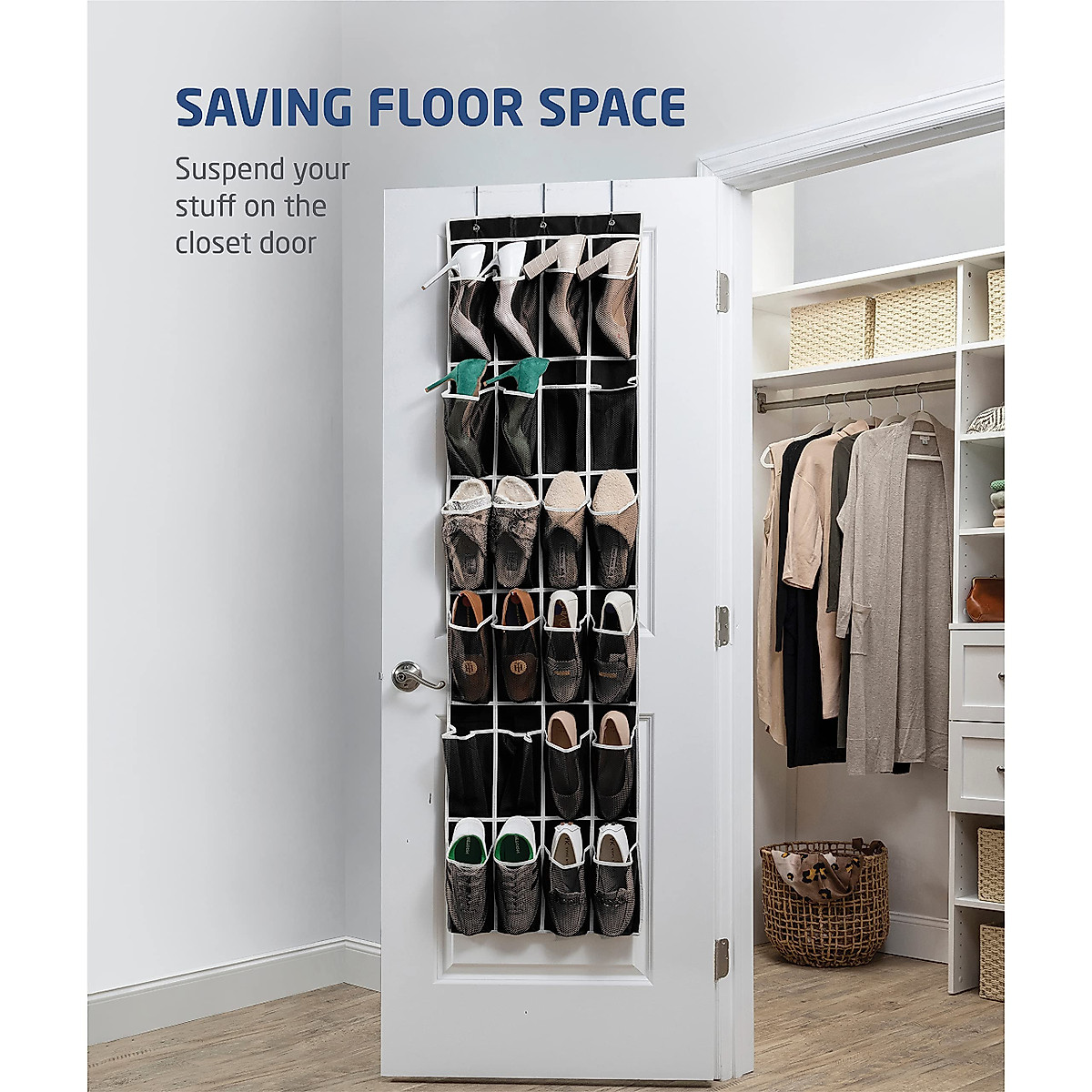 ZOBER Over The Door Shoe Organizer - 24 Breathable Pockets, Hanging Shoe Holder for Maximizing Shoe Storage, Accessories, Toiletries, Laundry Items. 64in x 18in