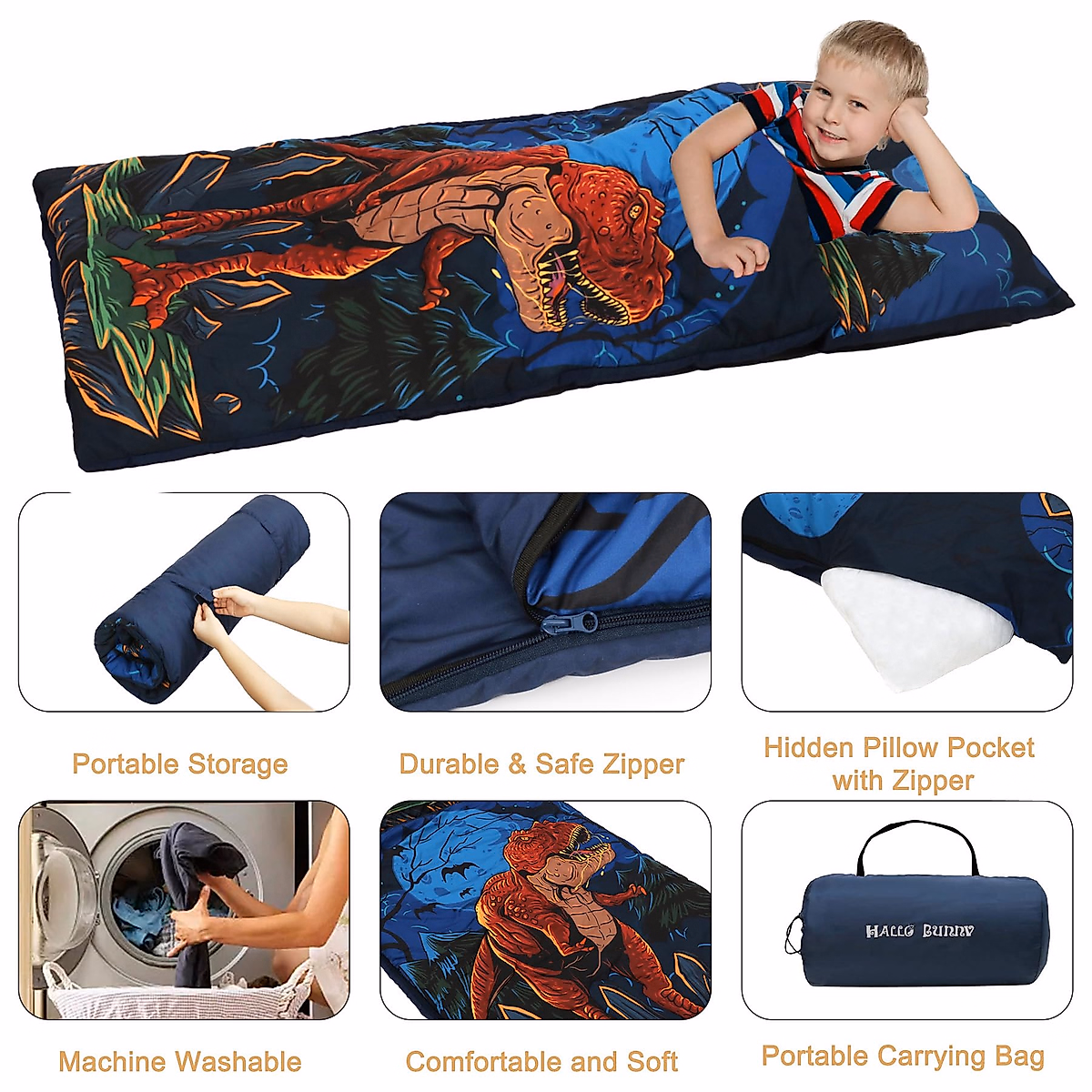 Kids Sleeping Bag, Dinosaur Sleeping Bags for Kids, Slumber Bag with Removable Pillow for Kids Boys Girls, Toddler Sleeping Bags for Daycare Travel Naps and Sleepovers,63" x 30"