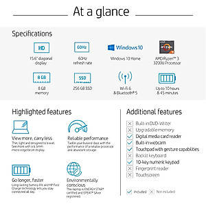 HP 15-inch HD Laptop, AMD Ryzen 3 3200U Processor, 8 GB RAM, 256 GB SSD, Windows 10 Home (15-ef0021nr, Natural Silver) (Renewed)