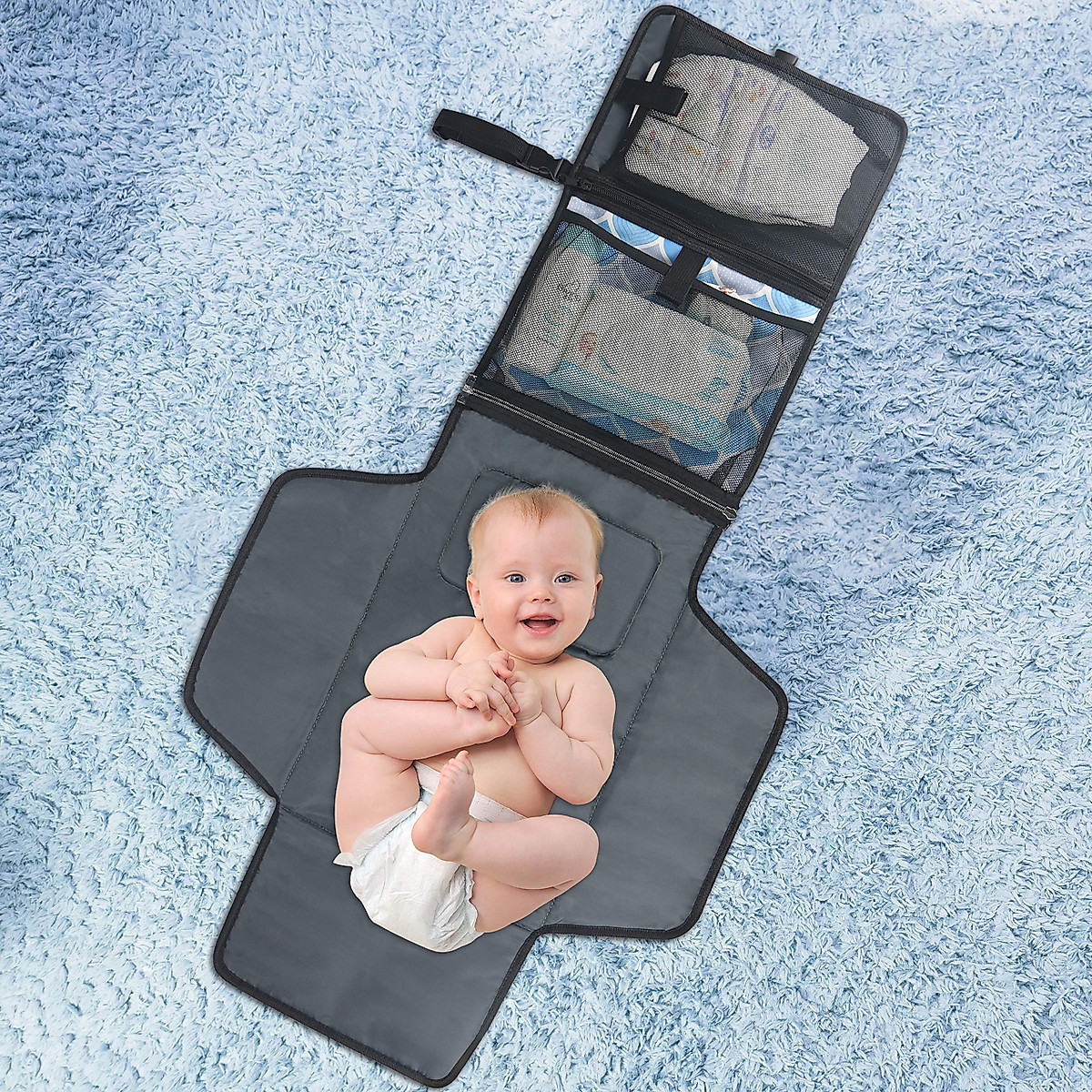 Portable Diaper Changing Pad Thick Soft Cushion Pillow - Travel Baby Mat Diaper Clutch Bag Detachable Wipes Pockets Baby Gift, Trellis Blue Grey Black